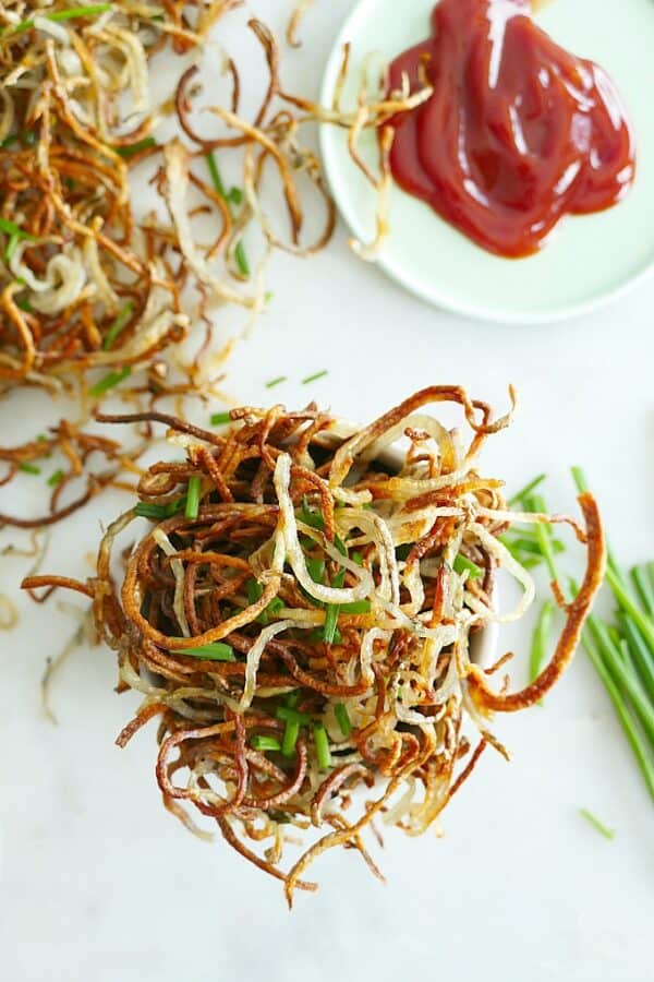 Baked Shoestring Fries with Fresh Chives - It's a Veg World After All®