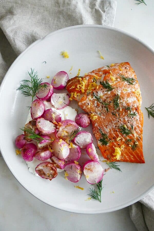 Sheet Pan Dill Radishes and Salmon - It's a Veg World After All®