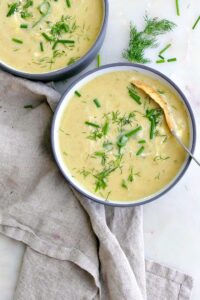 Potato Garlic Scape Soup - It's a Veg World After All®
