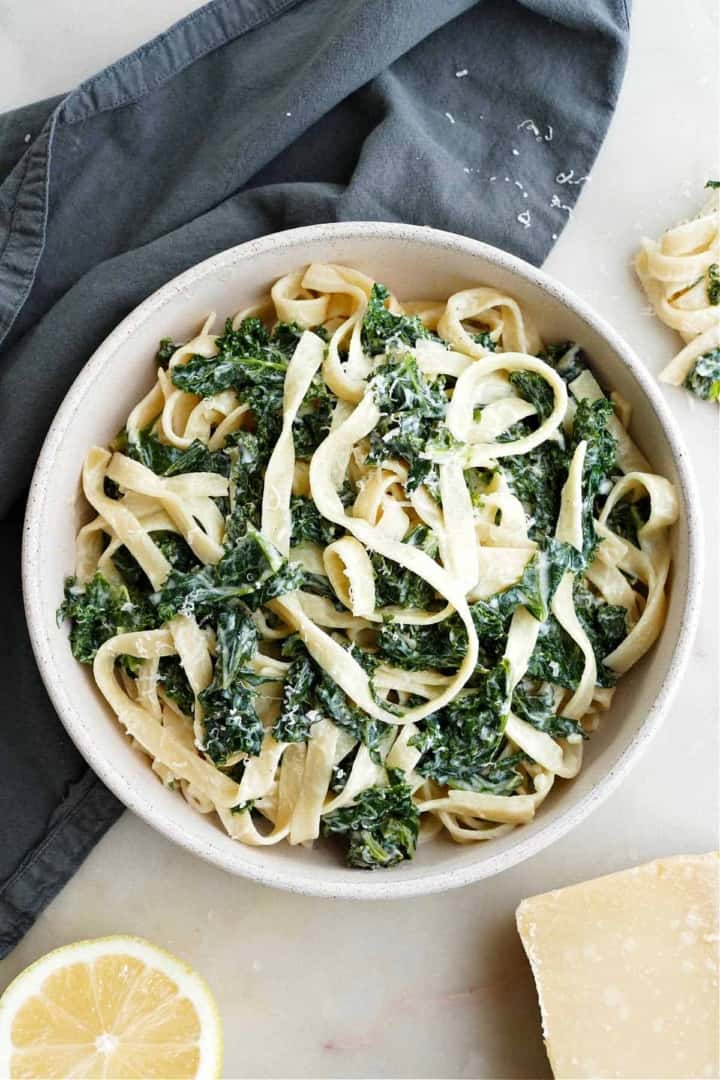 Garlic Lemon Creamy Kale Pasta - It's a Veg World After All®