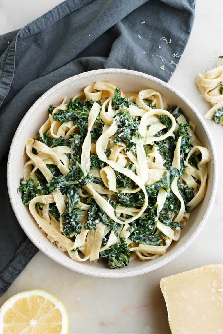 Garlic Lemon Creamy Kale Pasta - It's a Veg World After All®