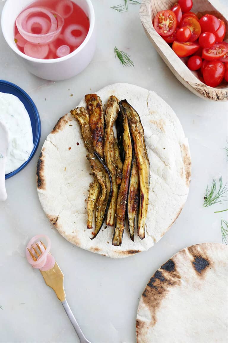 Eggplant Gyro Sandwich on Pita - It's a Veg World After All®