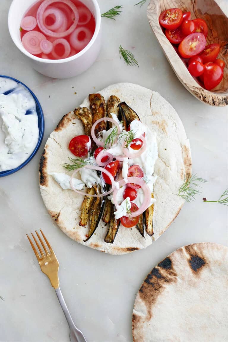 Eggplant Gyro Sandwich on Pita - It's a Veg World After All®
