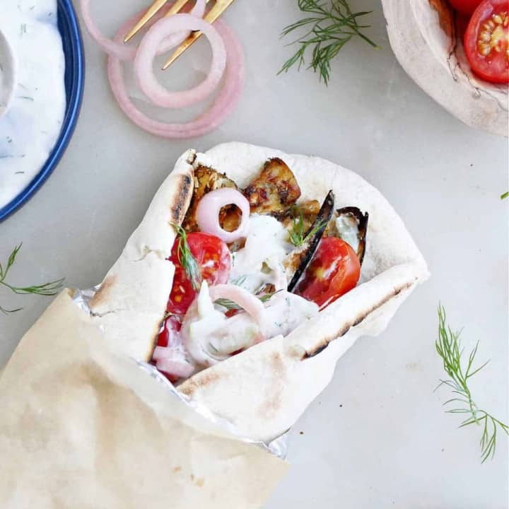 Eggplant Gyro Sandwich on Pita - It's a Veg World After All®