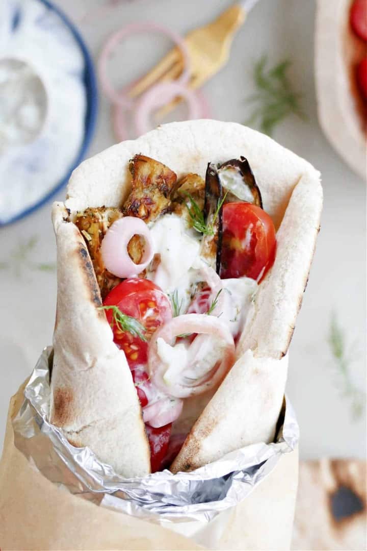 Eggplant Gyro Sandwich on Pita - It's a Veg World After All®