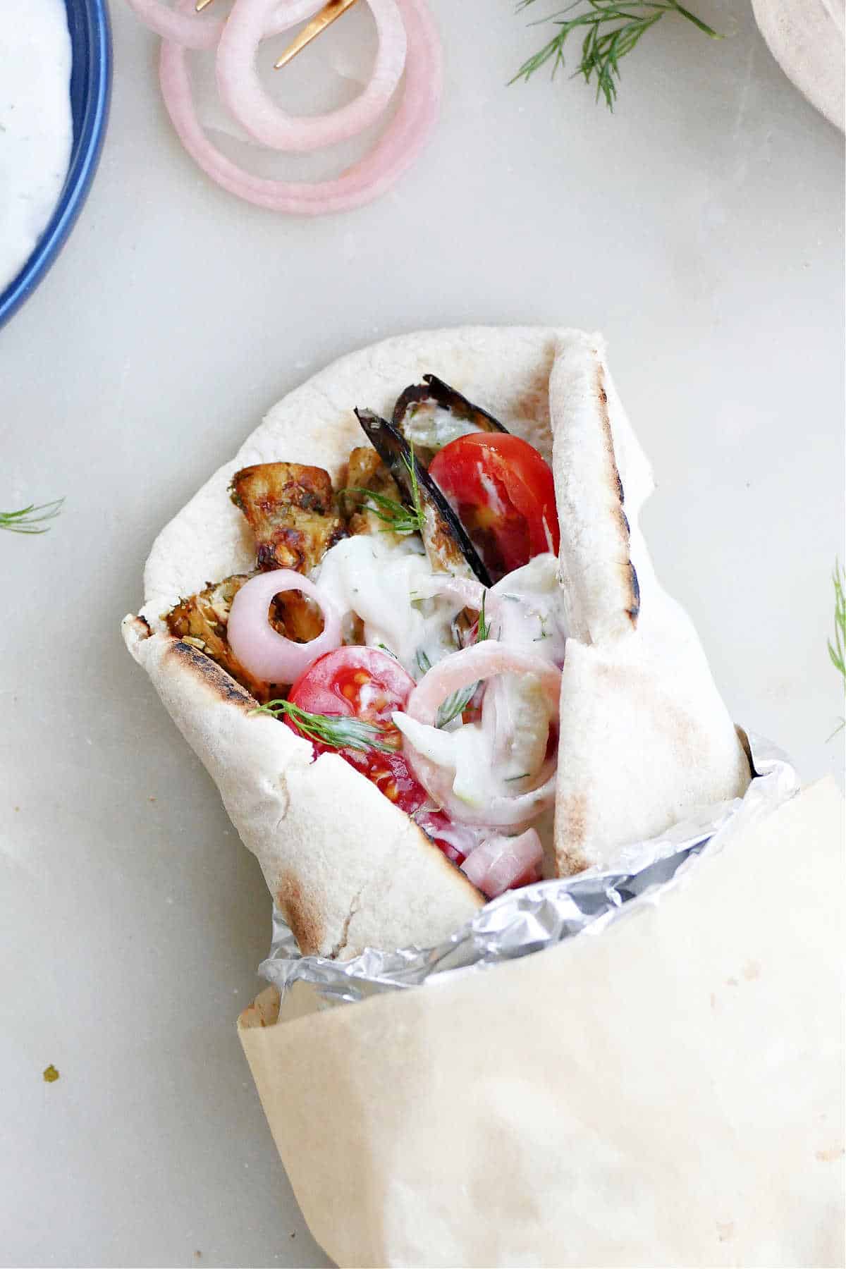 Eggplant Gyro Sandwich on Pita - It's a Veg World After All®