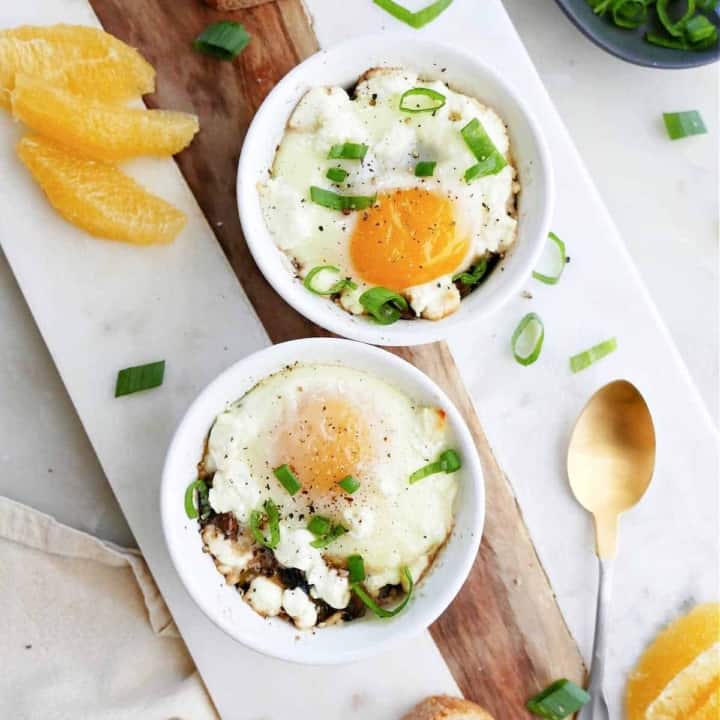 Baked Ramekin Eggs with Mushrooms and Spinach - It's a Veg World After All®