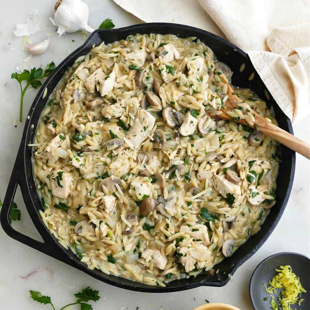 Creamy Chicken Mushroom Orzo Skillet - It's a Veg World After All®