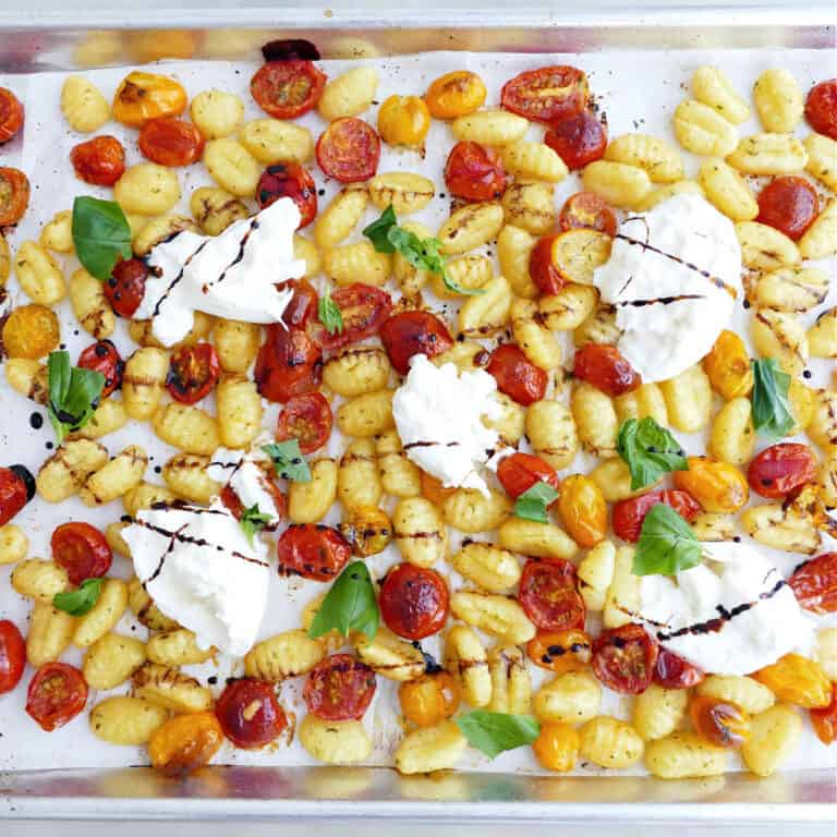 Gnocchi Caprese Sheet Pan with Burrata - It's a Veg World After All®